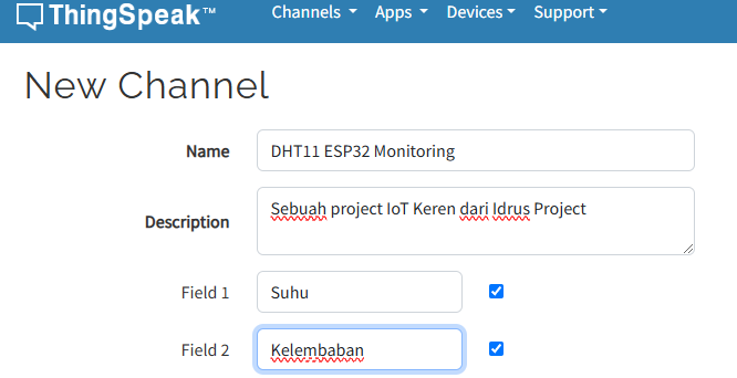 Pengiriman Data Sensor DHT11 ke Thingspeak dengan ESP32 - Idrus Project